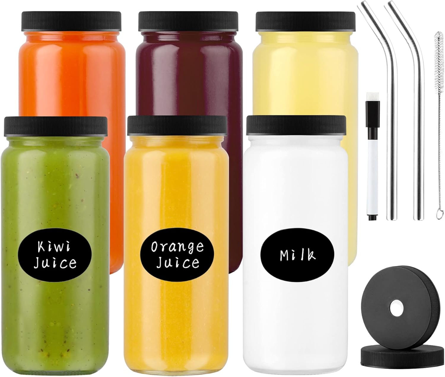 Amazon.com: Glass Juice Bottles for Juicing - 16 oz Jars with Airtight Lids & 4 Straws, 12 ...