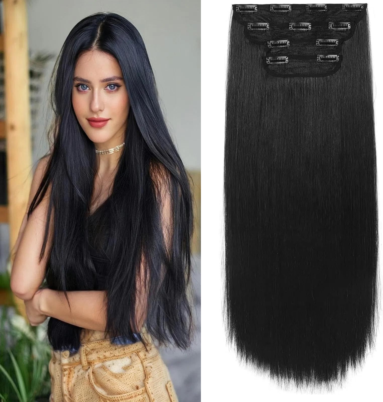 Amazon.com : Straight Black Hair Extensions for Women, Clip in Long ...
