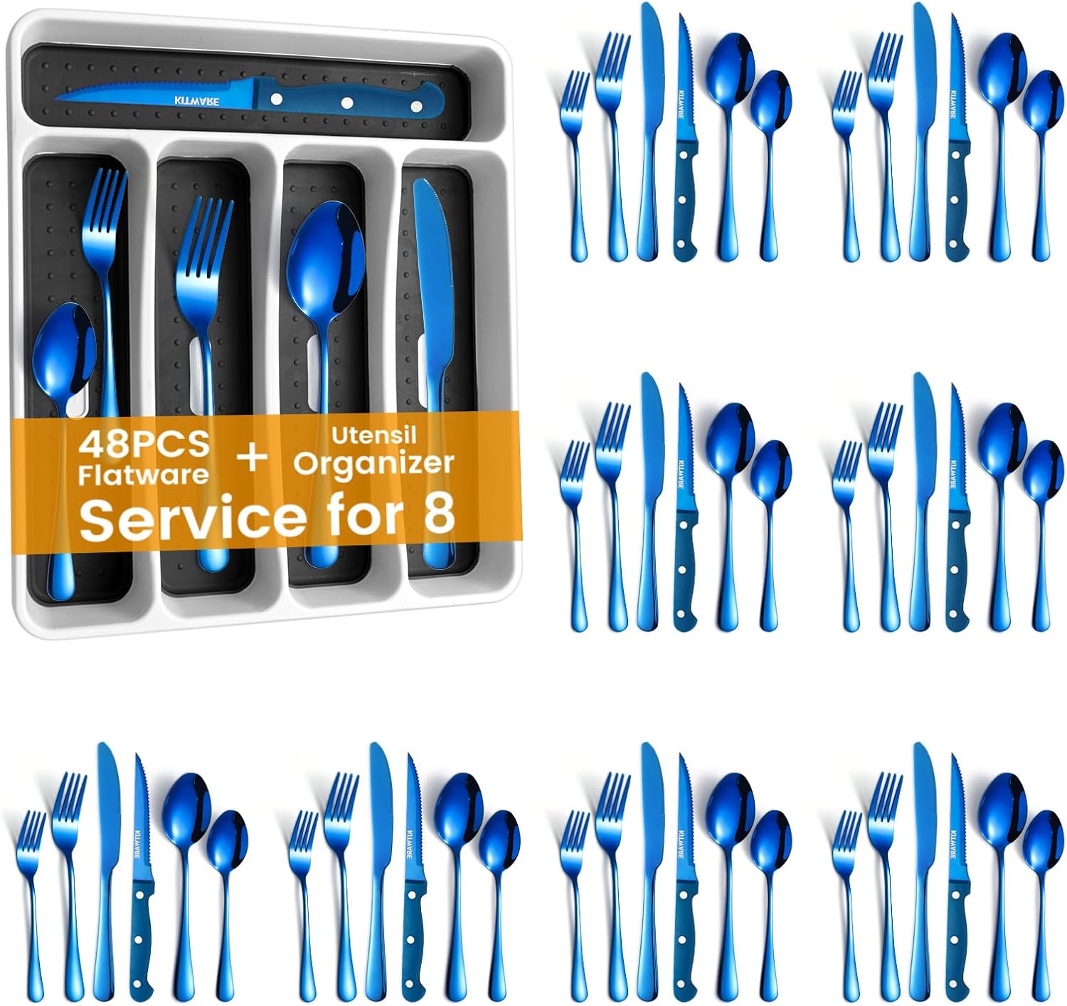 Amazon.com: Blue Silverware Set with Drawer Organizer, 48 Pieces ...