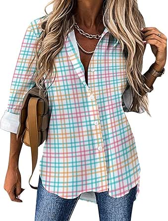 Amazon.com: Pink Green Plaid Print Button Down Shirts for Women, Long ...
