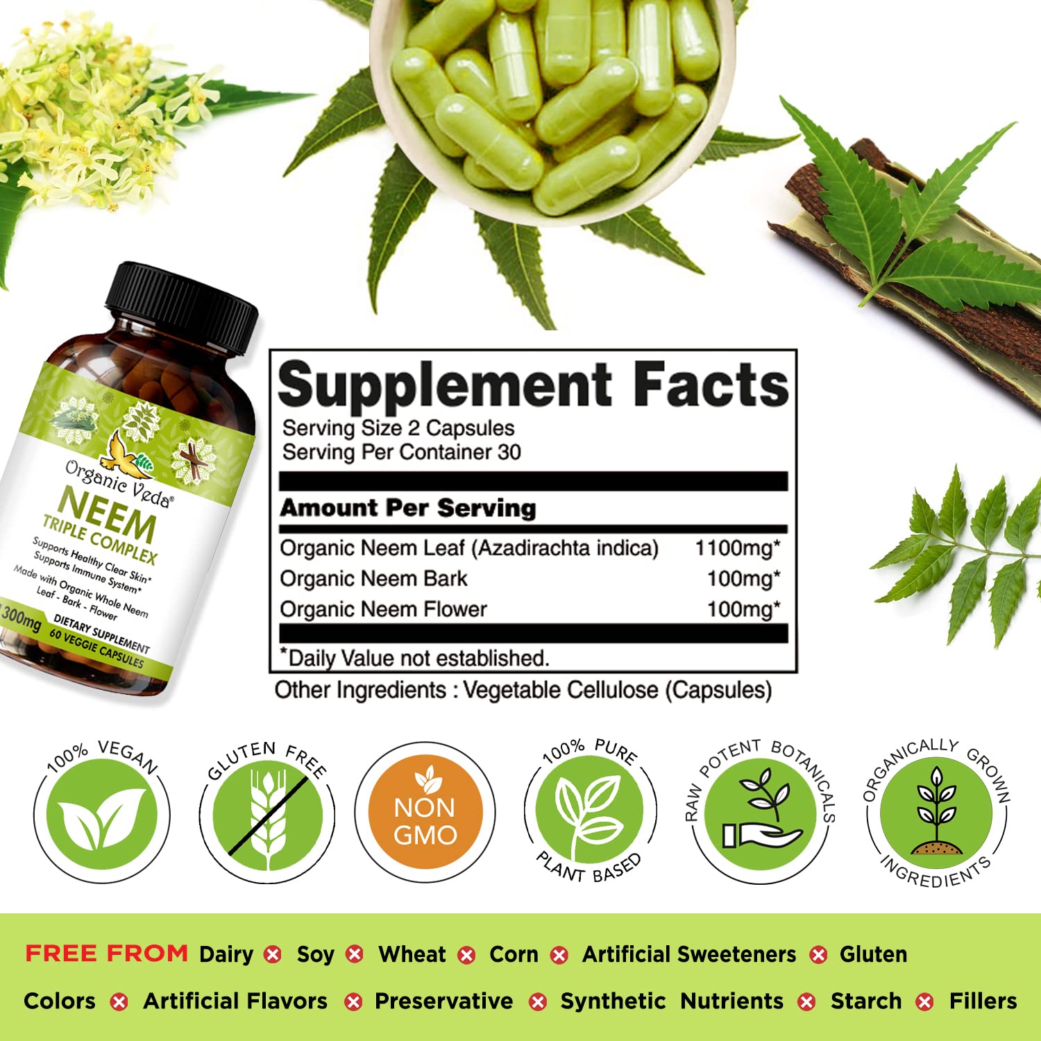 Cápsulas Orgânicas de Neem da Organic Veda com Extrato Triplo de Folha ...