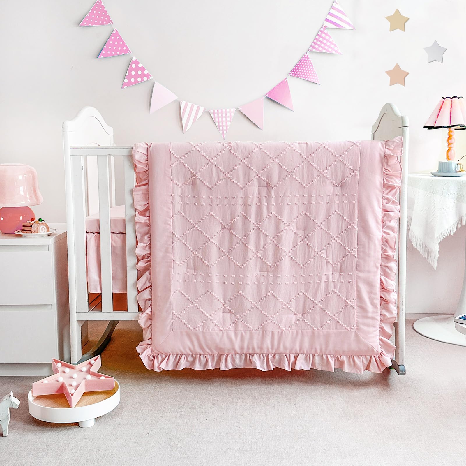 Amazon.com: Floral Crib Bedding Set Ruffle Quilted White Pink Flowers ...