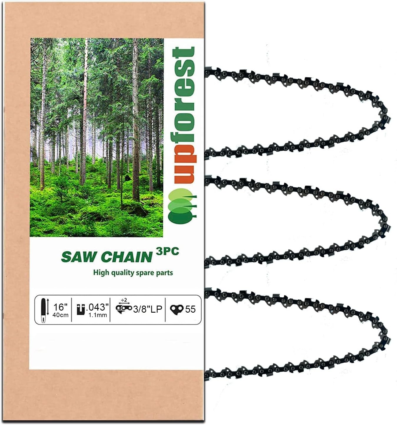 UPFOREST 16 Inch Chainsaw Chain 3-Pack R55, 3/8" LP Pitch - .043" Gauge ...