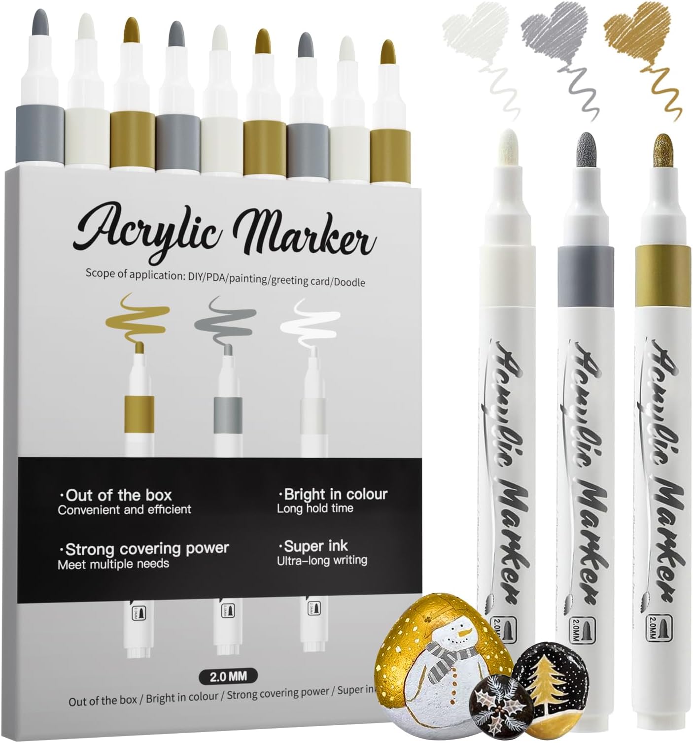 Jnyan Acrylic Paint Pens, 9 Pack 2-3mm Medium Tip Markers, White, Gold ...