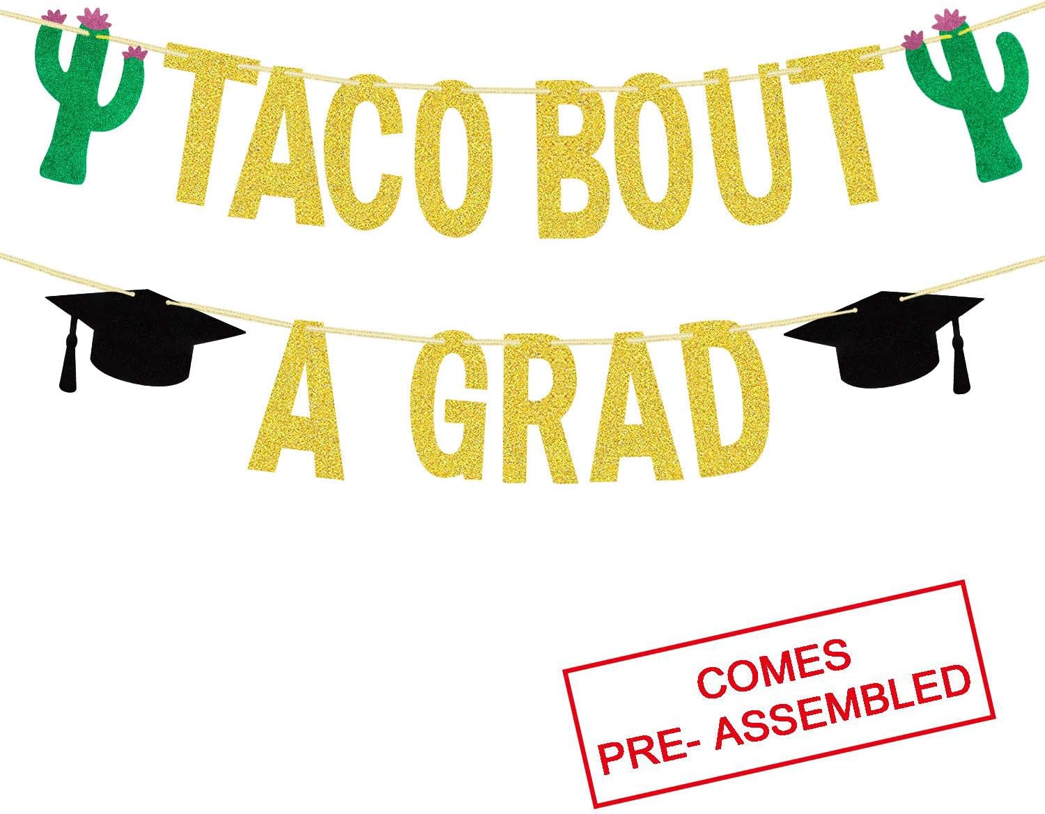 Amazon.com: Partyprops Taco Bout a Grad Gold Glitter Banner Cactus ...