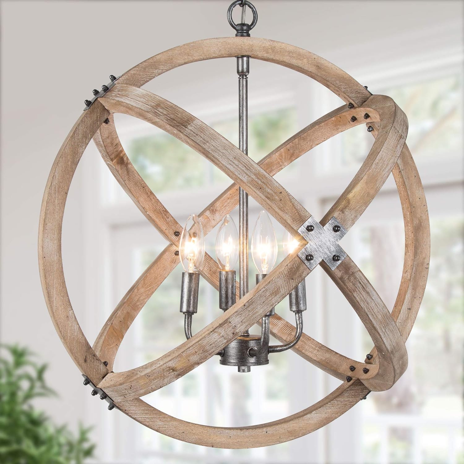 RUZINIU Wood Orb Chandeliers, Farmhouse Large Chandelier Light Fixture ...