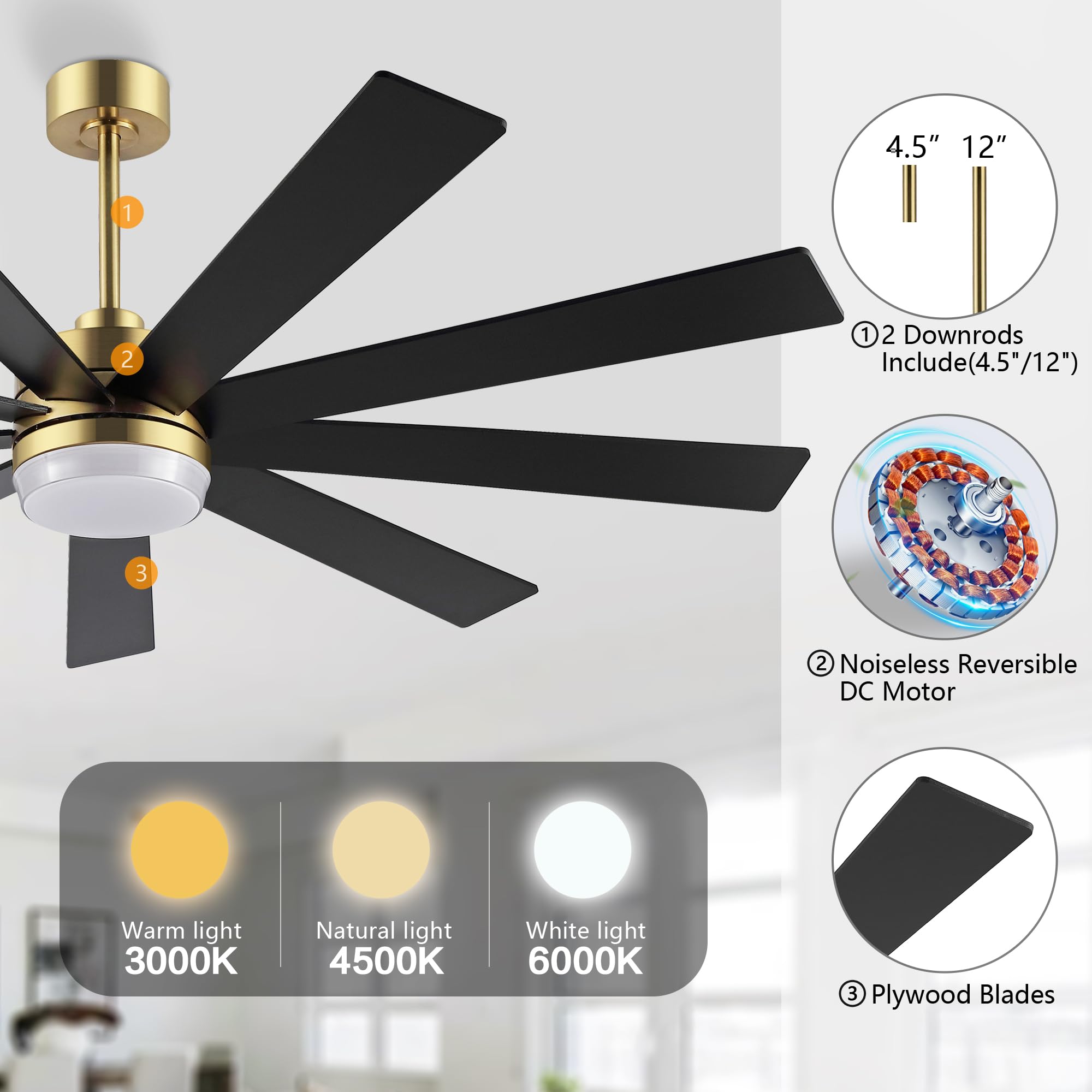 LEDLUX 65" DC Motor Ceiling Fan with Light, 6-Speed Remote Control ...