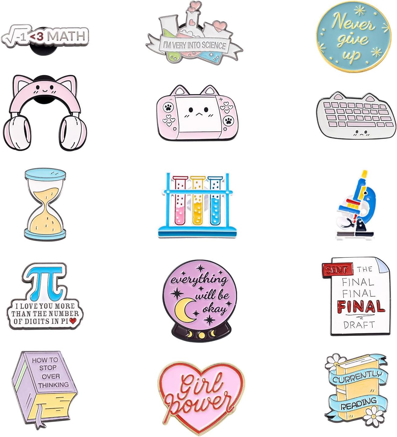 PandaHall 15pcs Mixed Word Enamel Pin Badge Set: 15 Styles, Book, Pen ...