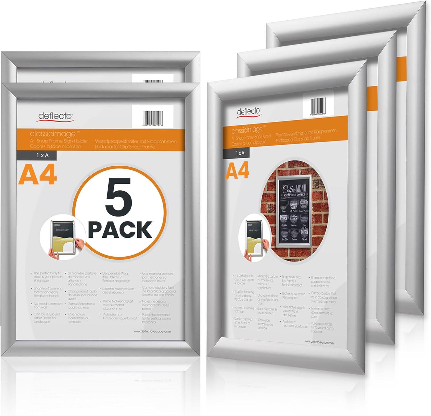 Deflecto Pk 5 x A4 Snap Frame Silver - Aluminium Clip Frames - Wall ...