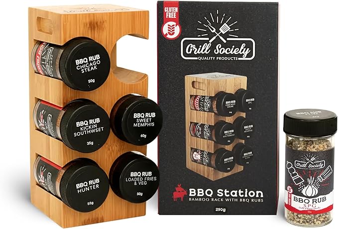 Grill Society BBQ Station 6 Spice Set with Wooden Caddy, 6 Seasoning ...