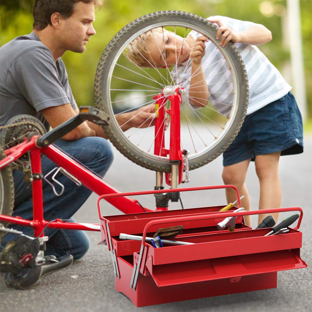 Goplus Metal Tool Box, Portablr Cantilever Toolbox Organizer with 5 ...