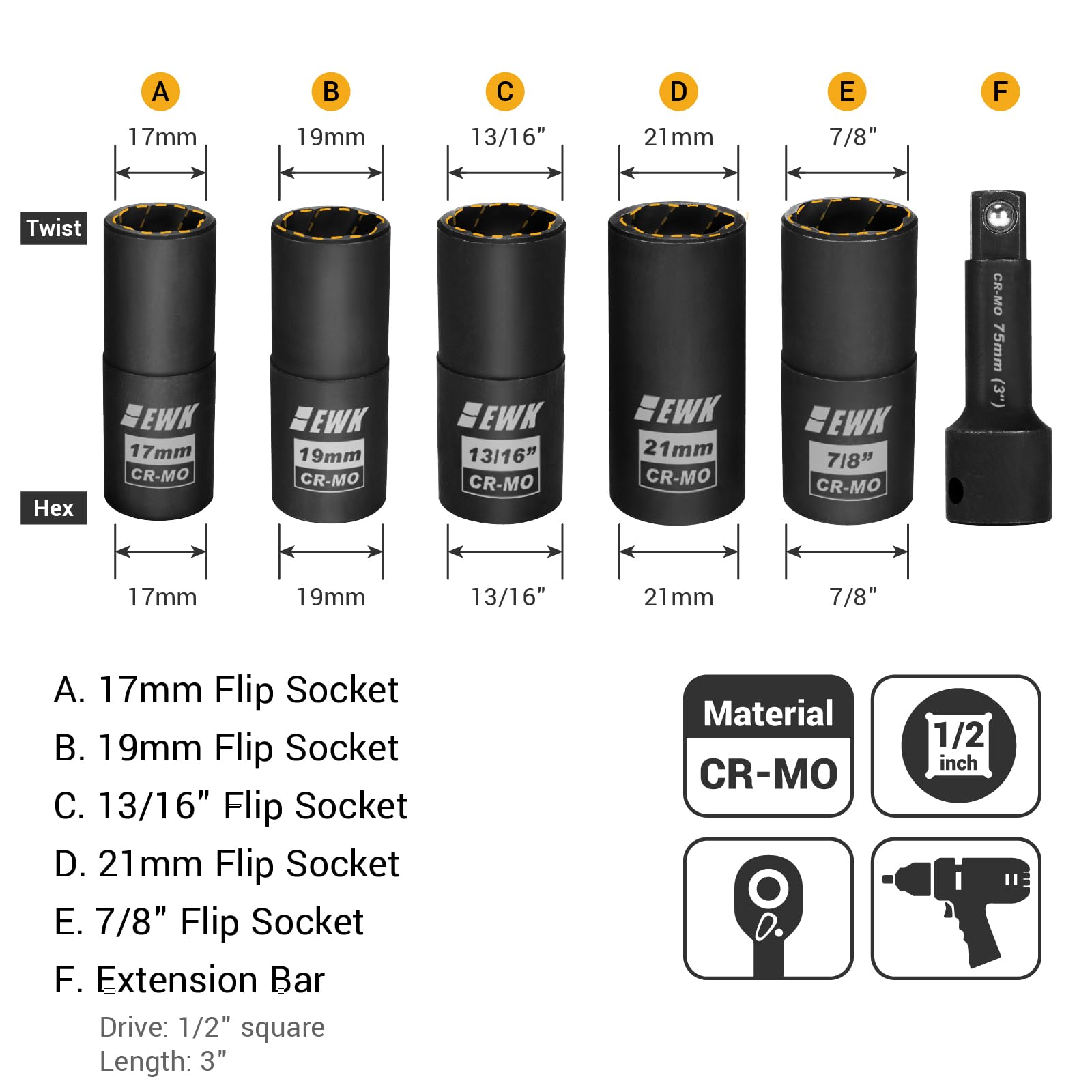 Snapklik.com : EWK 1/2-inch Drive Lug Nut Remover, 6 Pcs Impact Flip ...