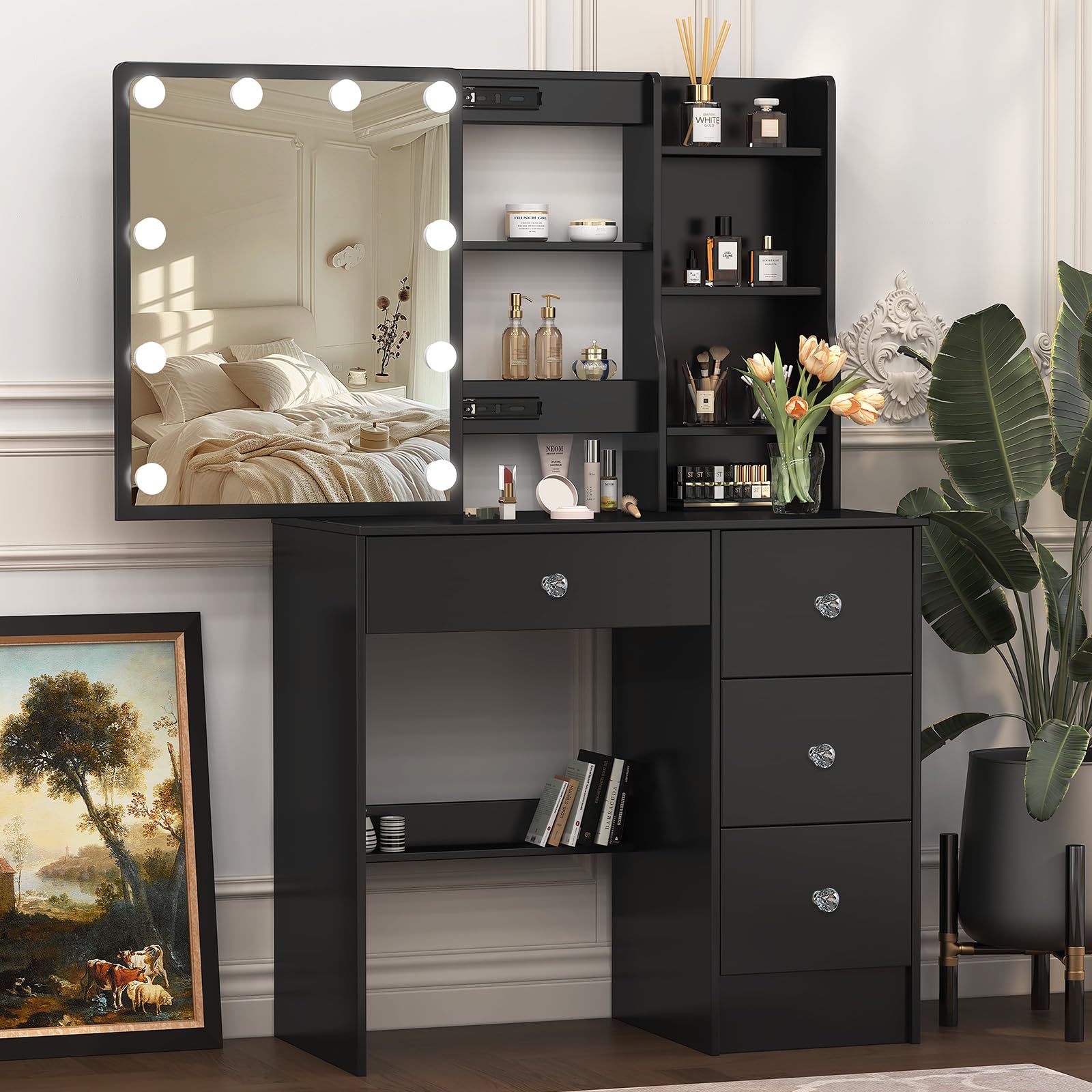 Black Makeup Vanity with Mirror and Lights, Girls Vanity Table with ...