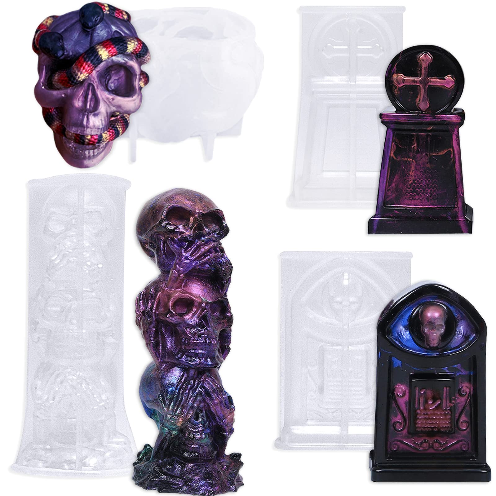 Amazon.com: 3D Witchy Silicone Molds 4-in-Set Skull Skeleton Tombstone ...