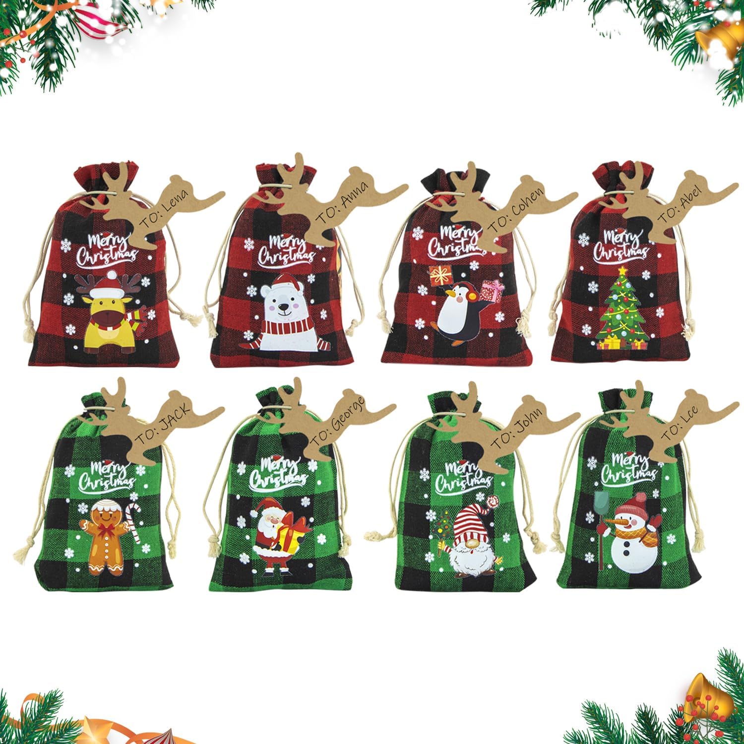 Christmas Burlap Gift Bags, Christmas Drawstring Bags with Elk Tag ...