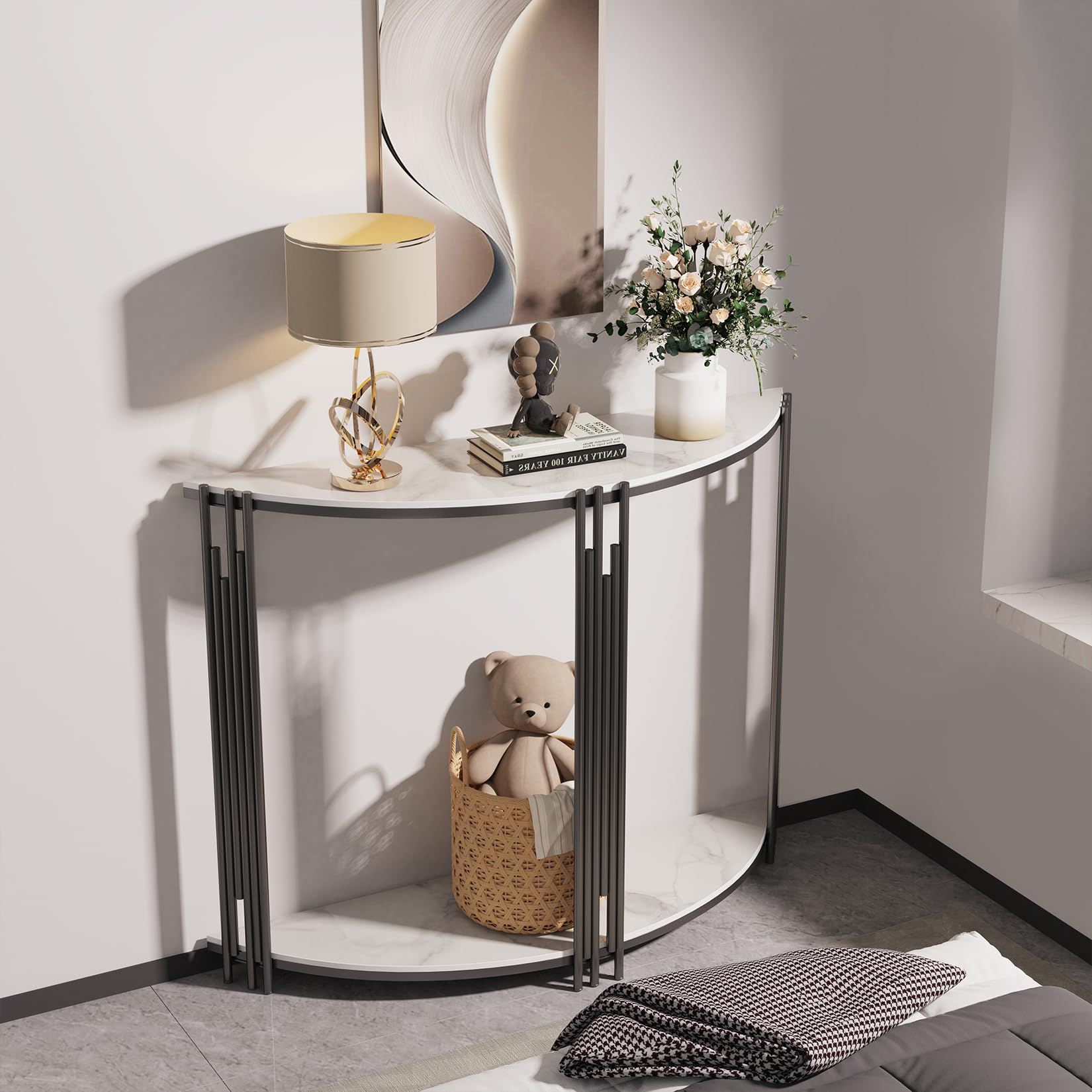 Elegant Demilune Console Table Sofa Entryway White Marble Regency Half