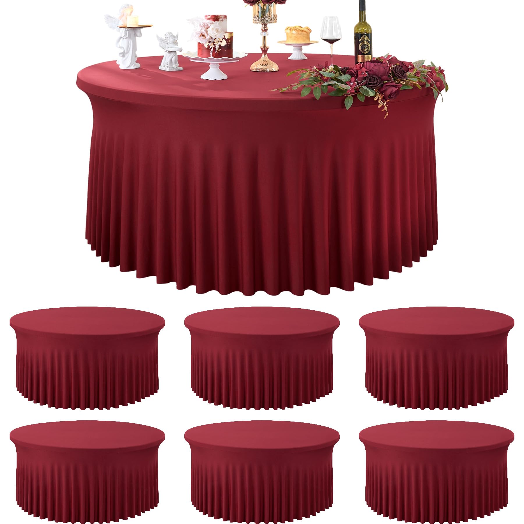 Amazon.com: Htper 6 Pack Burgundy Spandex Round Tablecloths for 60 inch Table, Stretchy 120inch ...