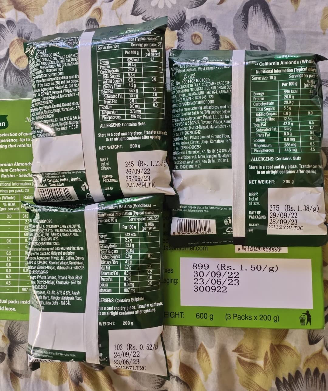 Tata Sampann Dryfruits Gift Pack, Contains Almonds, Cashews, Raisins, 200gX3, 600g, Dry Fruits ...