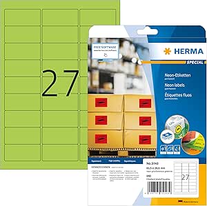 HERMA Self Adhesive Coloured Labels, 27 Labels per A4 Sheet, 20 Sheets ...