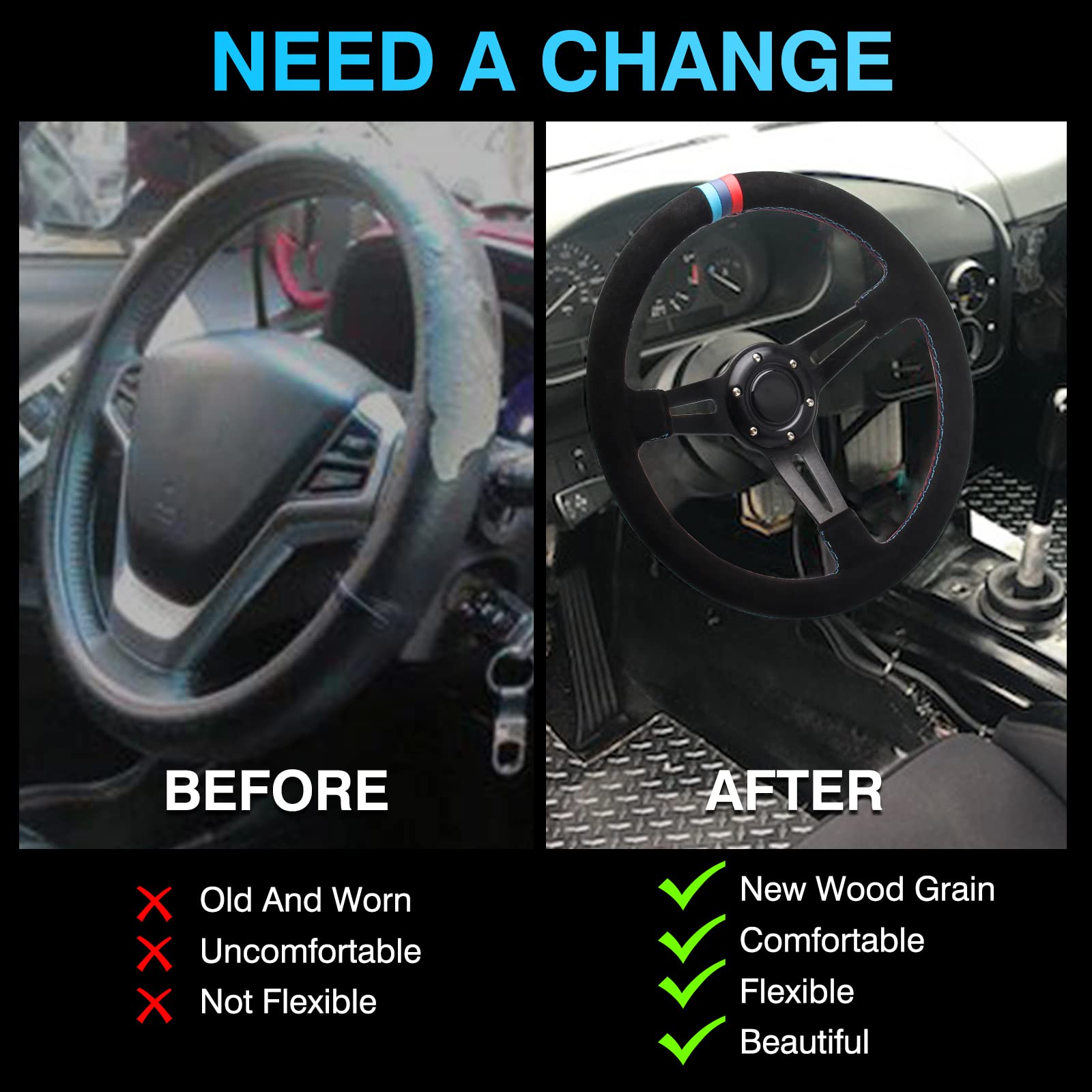 Snapklik.com : Somusen Universal Racing Steering Wheel Suede Deep Dish 14”/350mm 6 Bolts