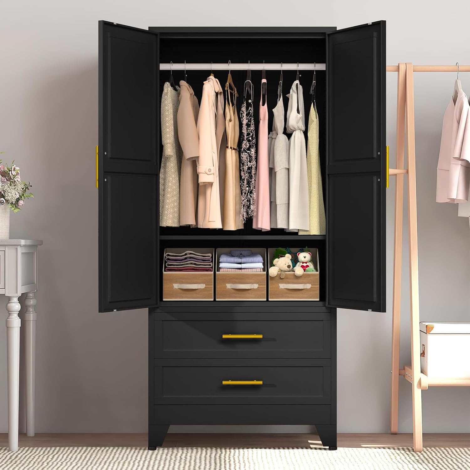 Amazon.com: Anewome 71" Metal Armoire Wardrobe Closet with 2 Drawers ...