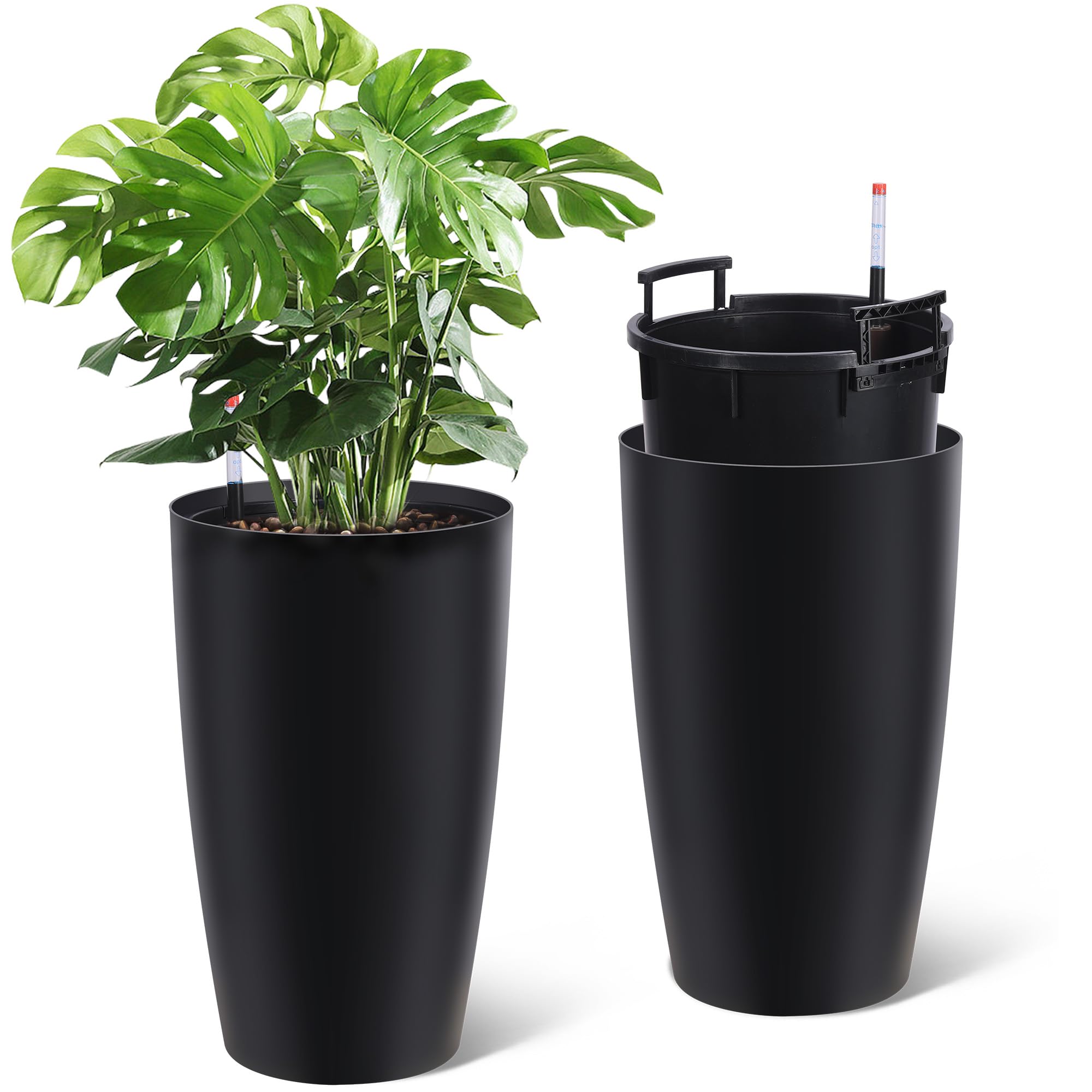 22" Tall Round Planter Set of 2, Self Watering Pots for Indoor Plants ...