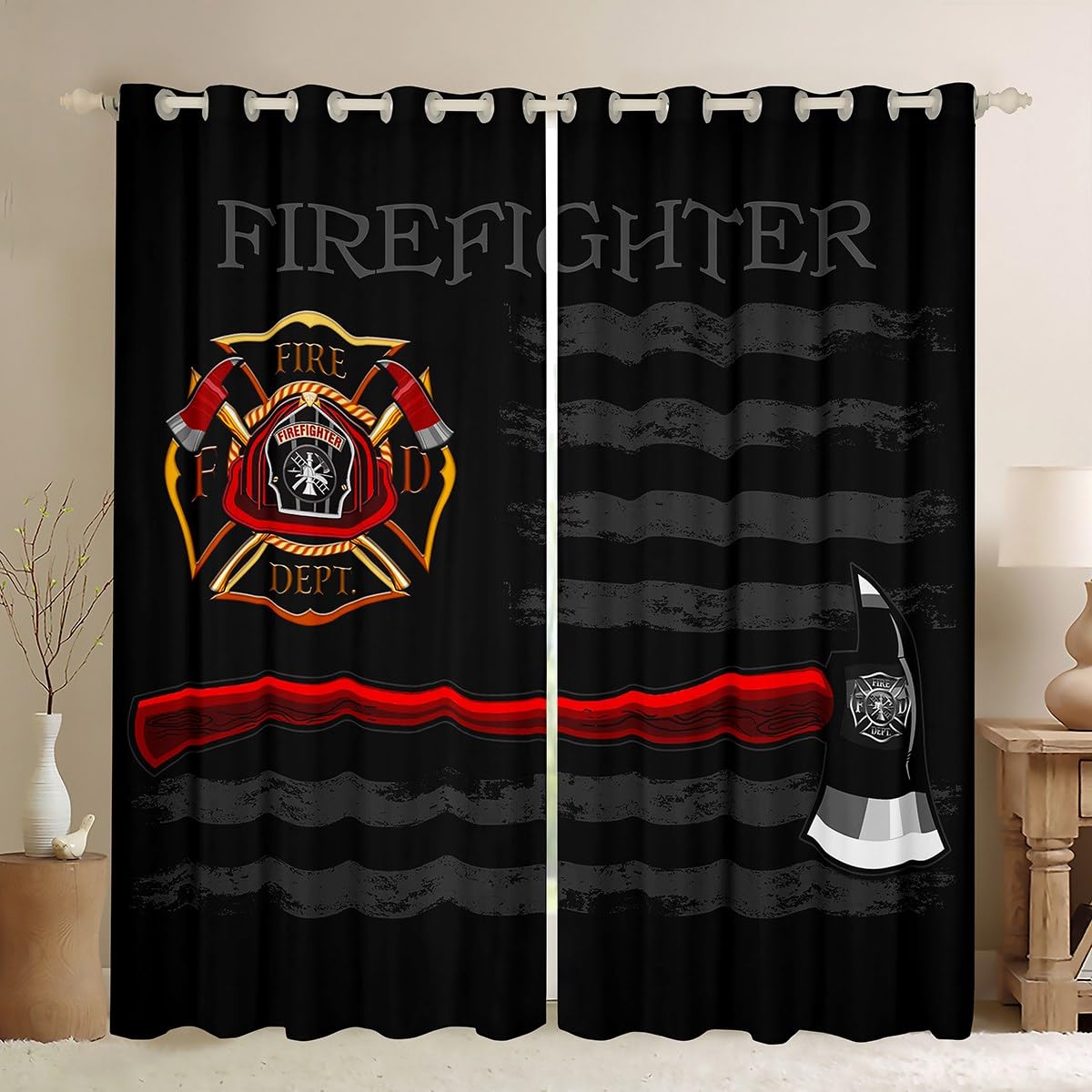 Amazon.com: Firefighter Window Curtains,American Flag Geometric Stripes ...