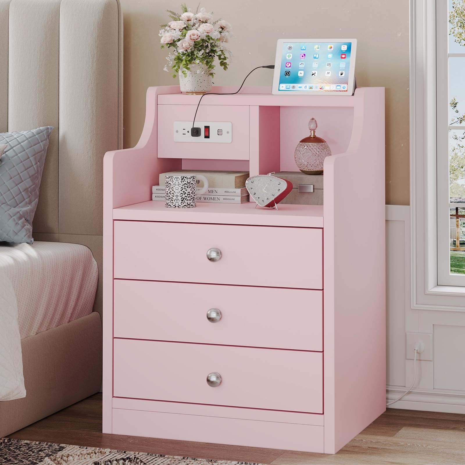 Amazon.com: Tiptiper Nightstand with Charging Station, Pink Night ...