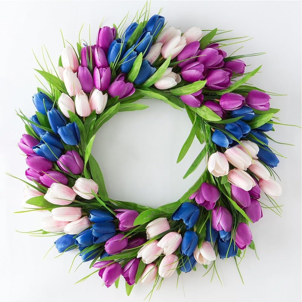 JOYWU Tulips Wreath for Front Door,16/18 in Artificial Pink Wreath with ...