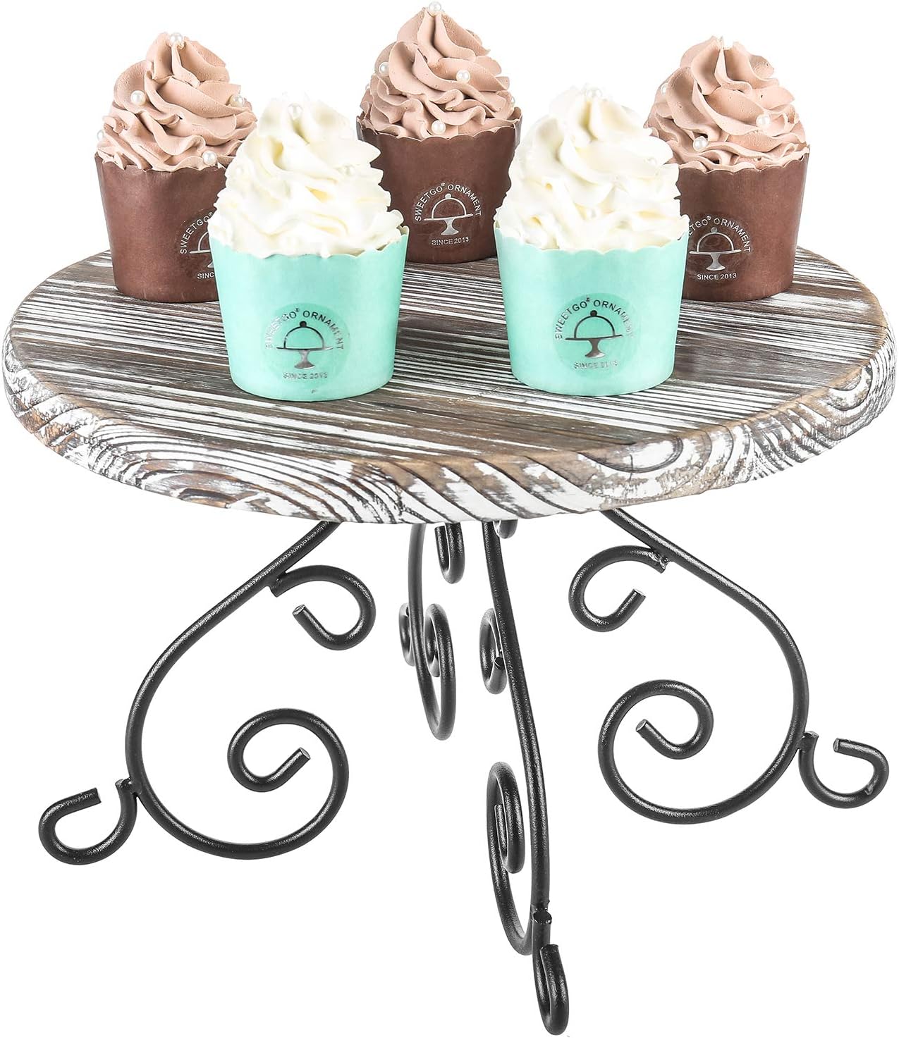 Amazon.com | MyGift Torched Wood Cake Stand with Black Metal Scrollwork ...