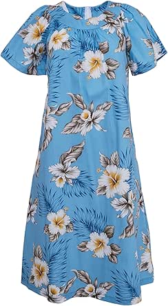 Aloha Outlet - Hibiscus Trends Light Blue Cotton Hawaiian Midi Muumuu ...