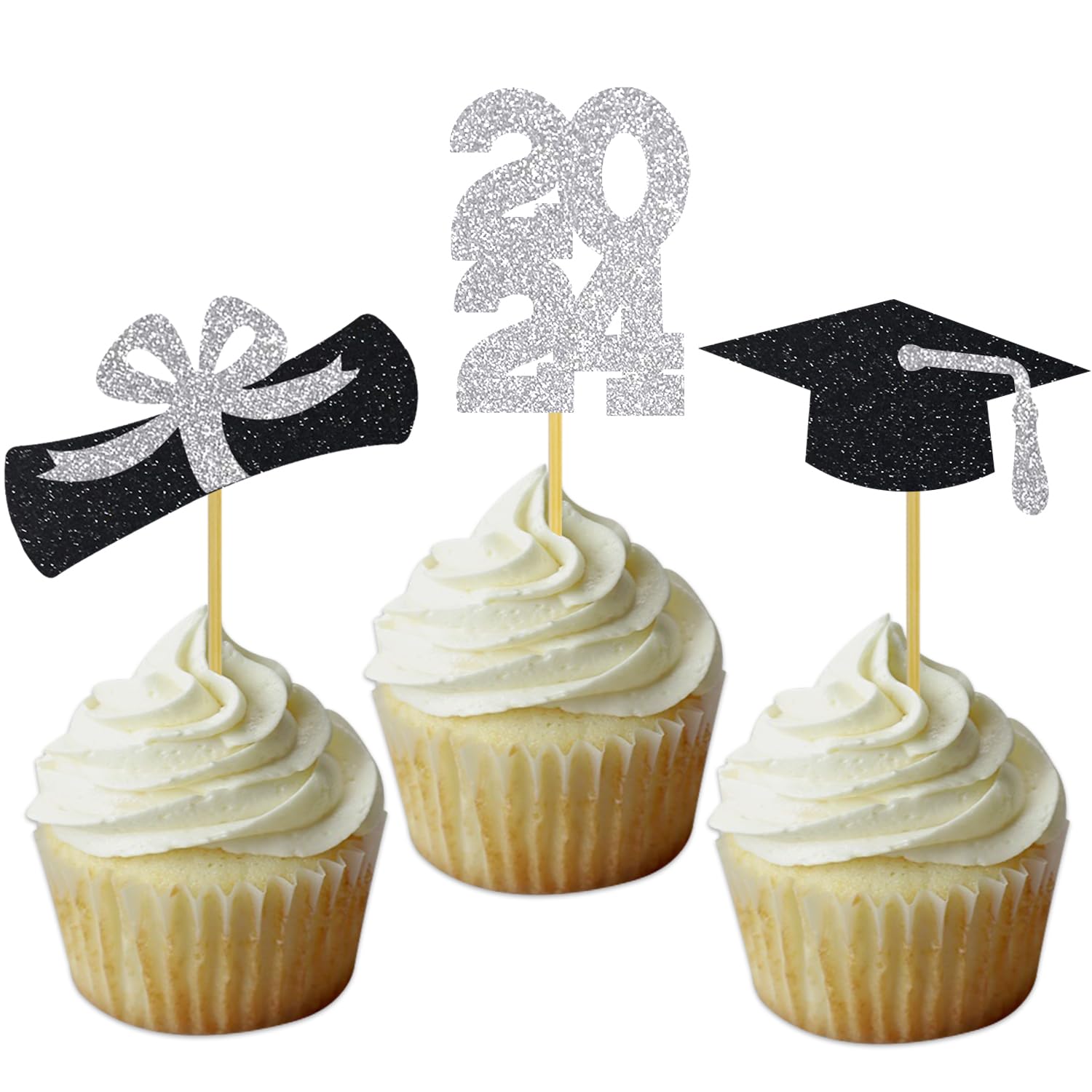 Amazon.com: Silver Graduation Cupcake Toppers Black Grad Cap Glitter ...