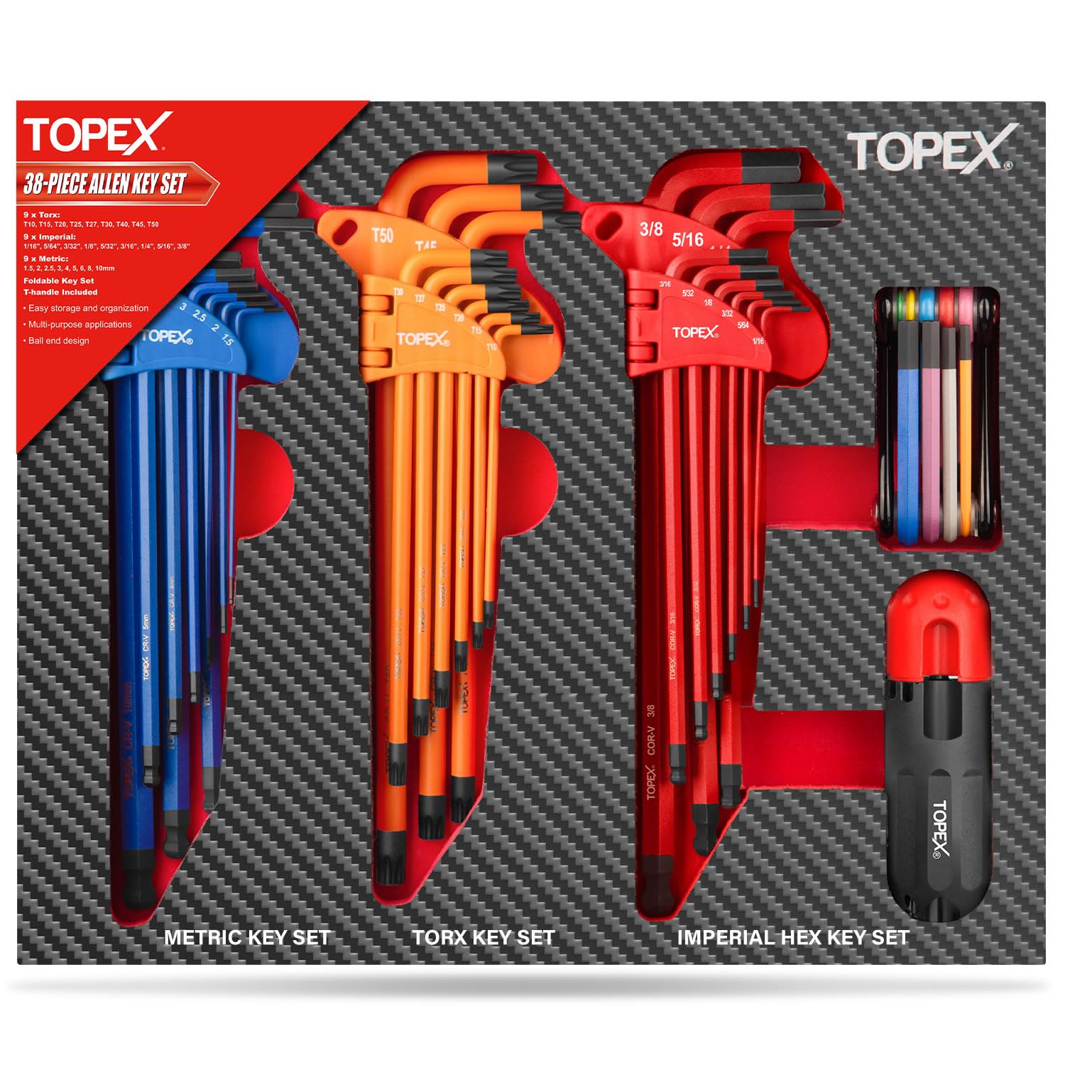 TOPEX 38Pcs Allen Key Set Multicolor Hex Key Allen Wrench Ball End ...