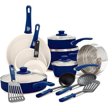 GreenLife, Soft Grip Ceramic Non-Stick Cookware Set - 16 Pieces, Blue ...