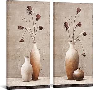 Amazon.com: sechars Large Size Rustic Flower in Vase Painting Wall Art Beige Brown Lotus Pods ...