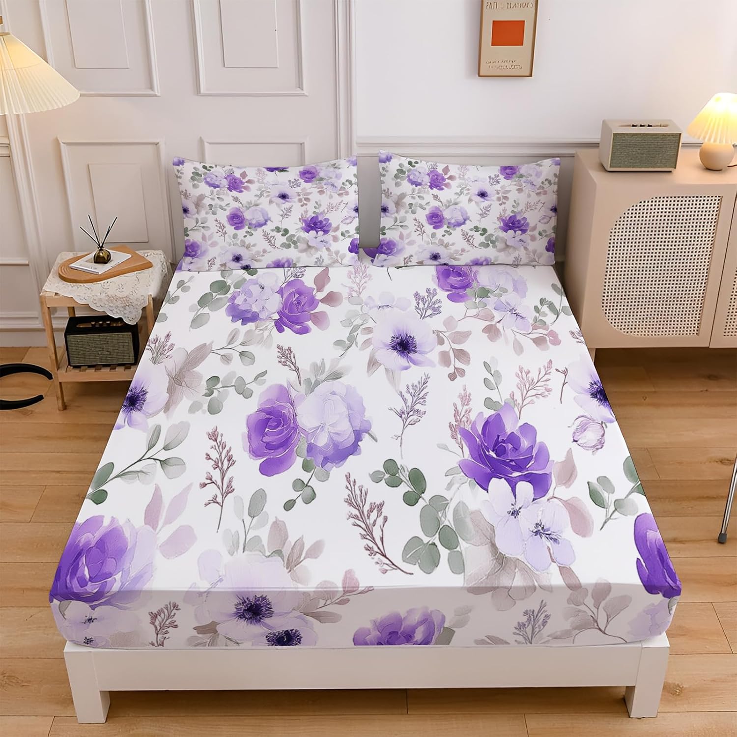JSCWDET Watercolor Floral Pattern Fitted Sheets Soft Microfibre ...
