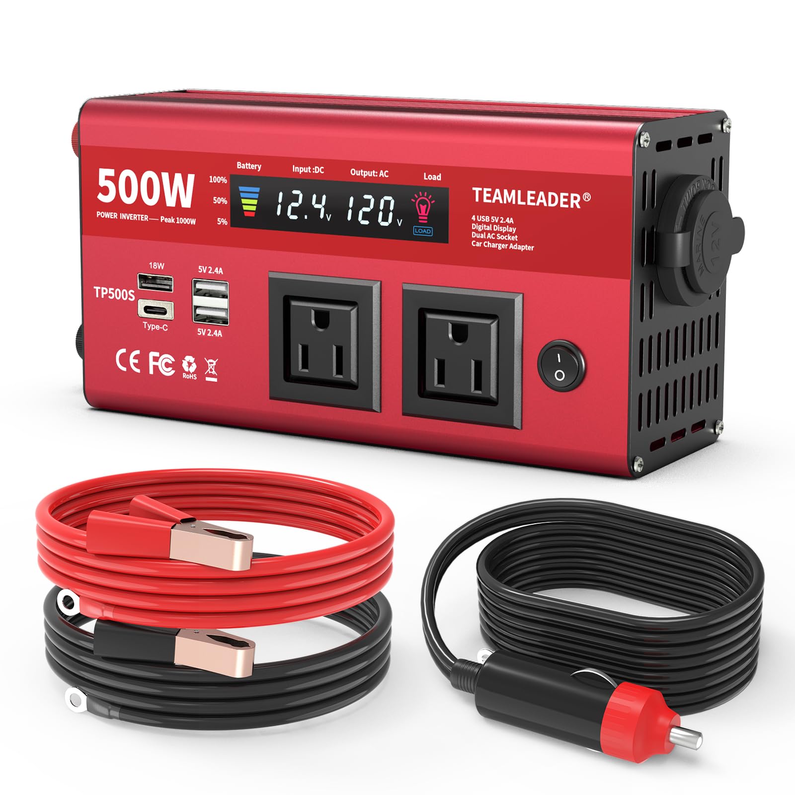 Amazon.com: TEAMLEADER 500 Watt Power Inverter 12V DC to 110V AC ...