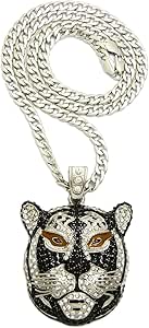 Iced Out Tiger Face Pendant 6mm 30" Cuban Chain Necklace in Silver Tone ...
