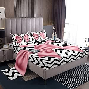 Amazon.com: Homewish Pink Bow Sheet Set Full,Wavy Stripes Bedding Set ...
