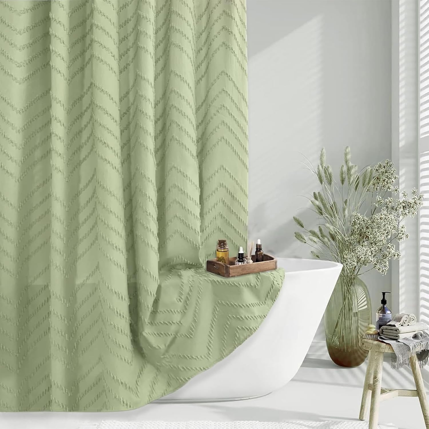 Green Shower Curtain Boho Woven Fabric Shower Curtain Tufted Chervon ...