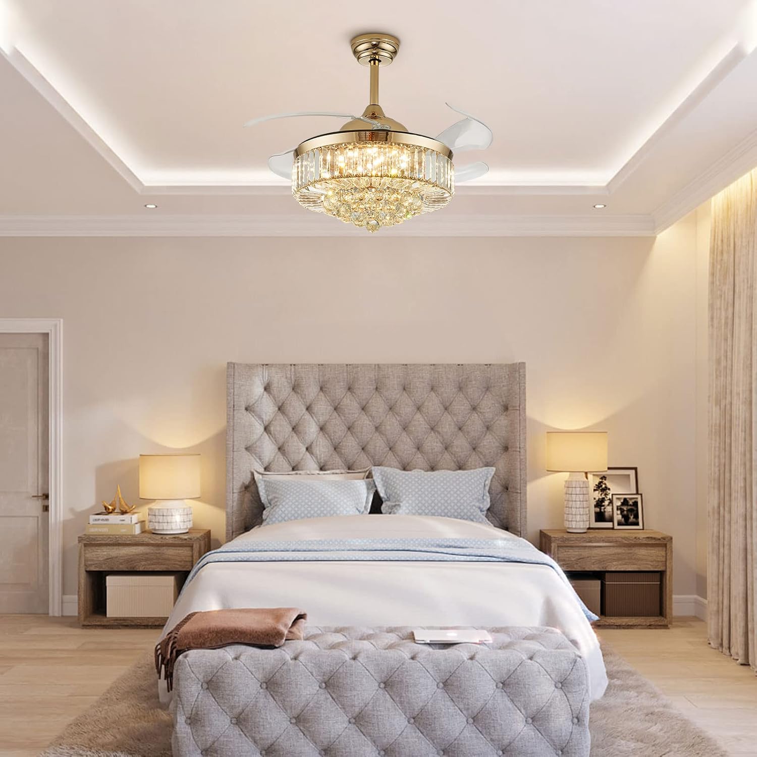 Amazon.com: Siljoy Gold Fandelier and Tiffany Retractable Ceiling Fan ...