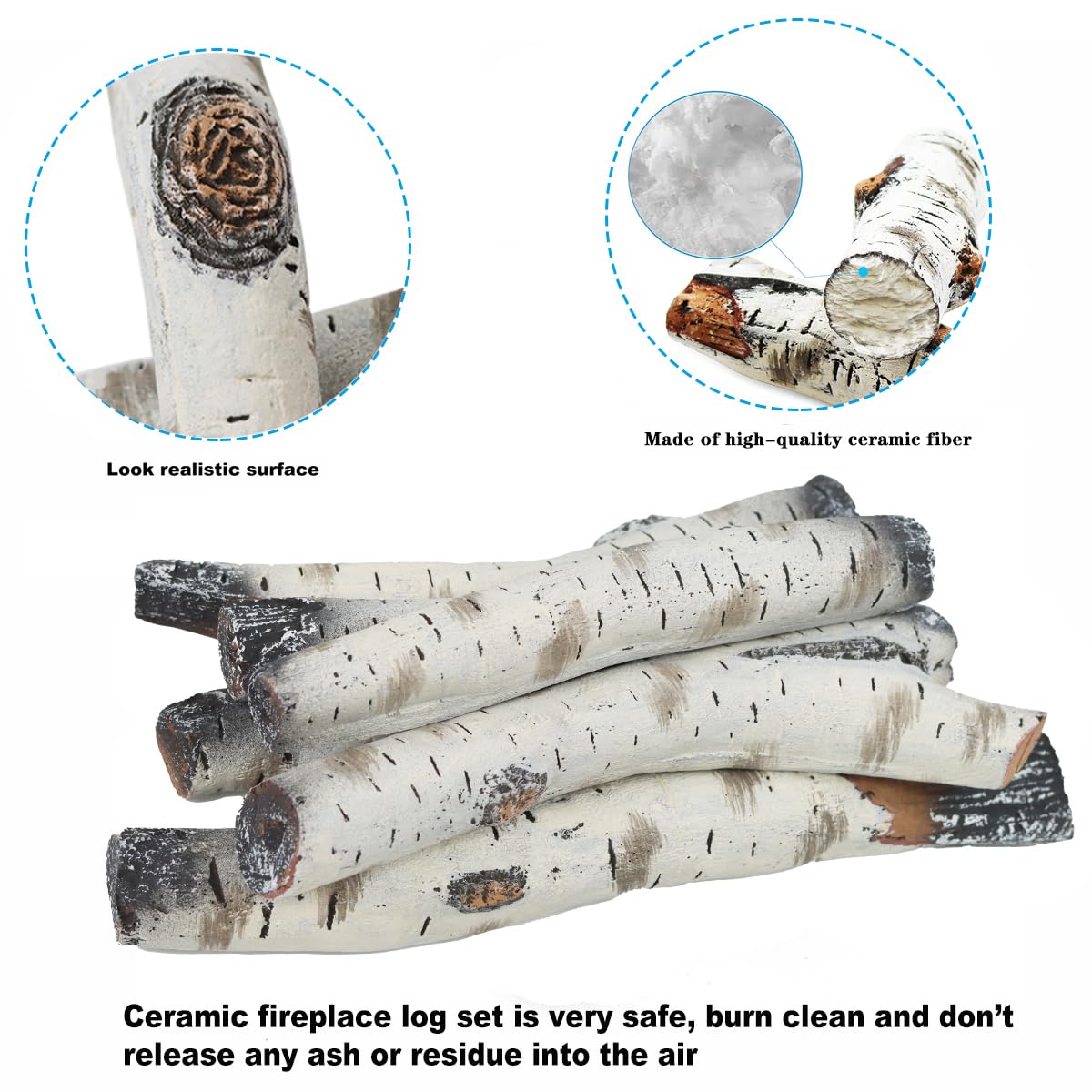 Small Gas Fireplace Logs, Ceramic White Birch Wood Gas Logs for Indoor ...