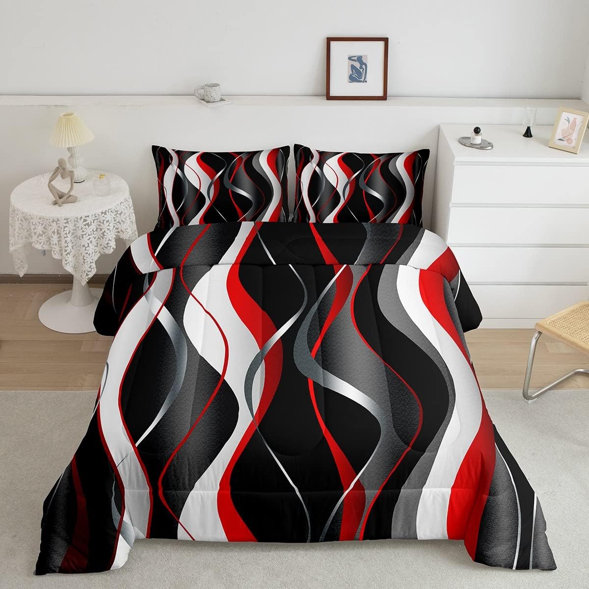 Amazon.com: Feelyou Red Grey Black Comforter Set Geometric Spiral ...