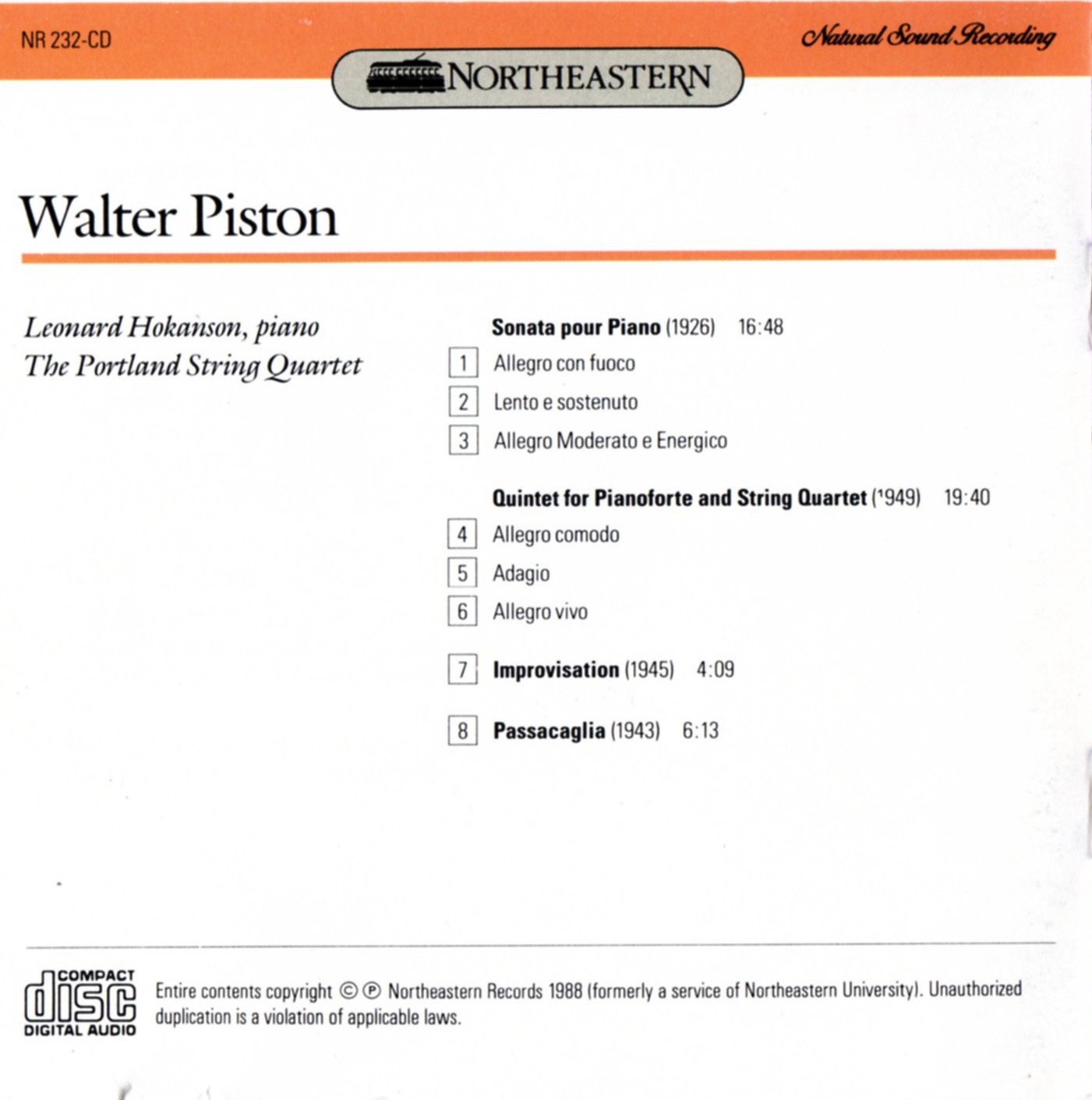 Walter Piston: Piano Sonata, Improvisation, Passacaglia, Piano Quintet ...
