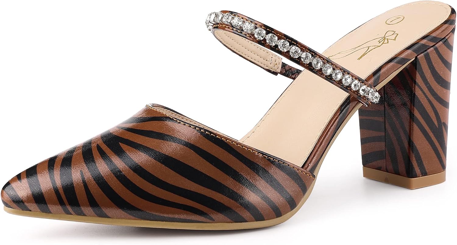 Amazon.com | Perphy Zebra Print Rhinestones Straps Pointy Toe Chunky ...