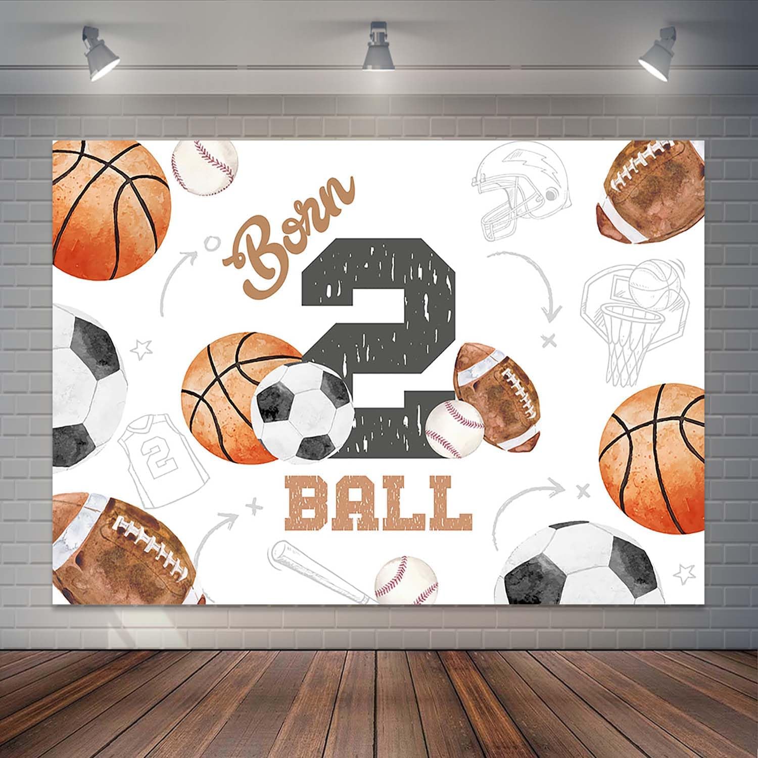 Amazon.com : Joliaco Born 2 Ball Birthday Backdrop Baseball Football ...