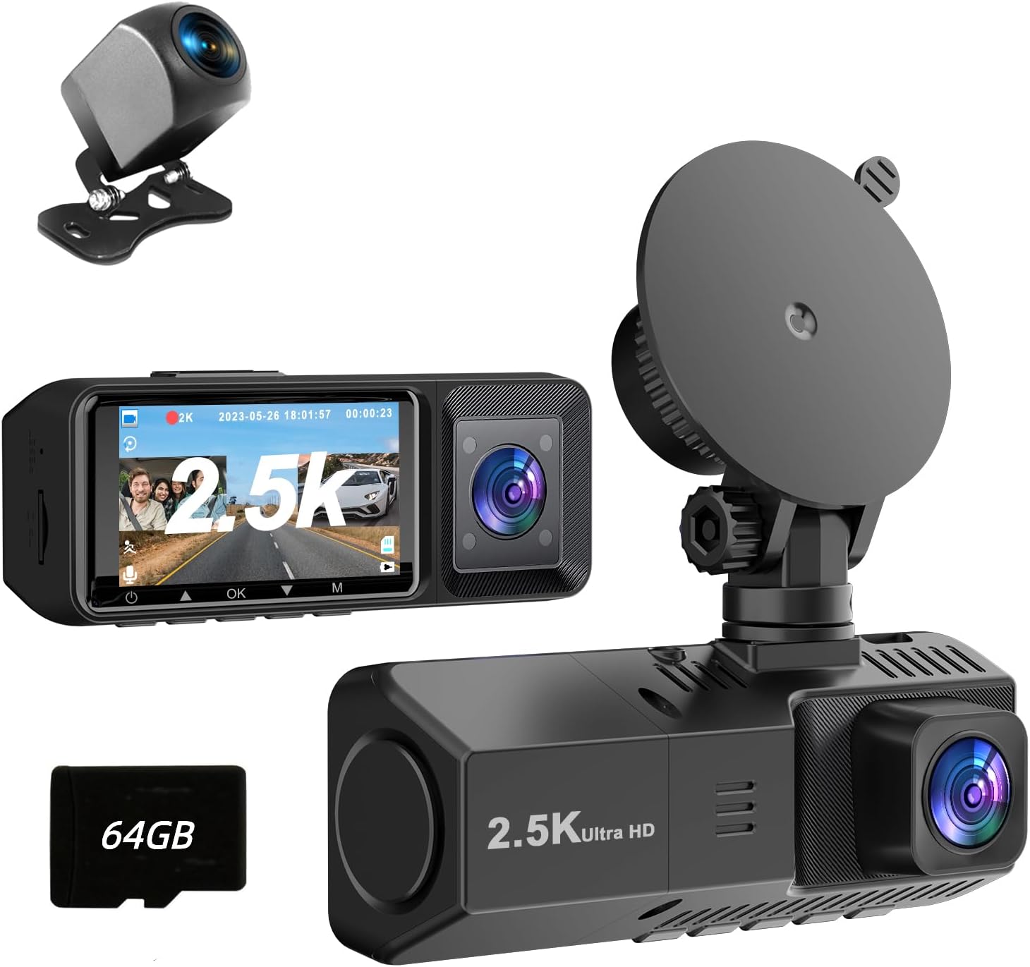 3 Channel Dash Cam Front and Rear Inside Dash Camera for Cars 2.5K ...