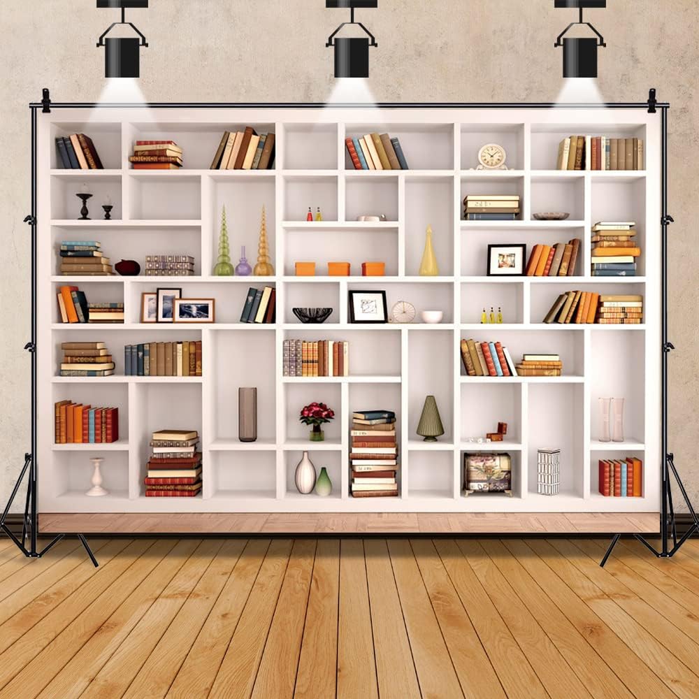 Amazon.com : Leowefowa 10x8ft Vinyl White Bookshelf Backdrop Library ...