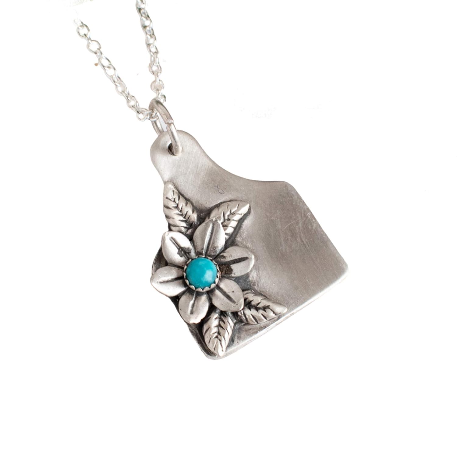 Amazon.com: Turquoise Cattle Ear Tag, Sterling Silver Floral Necklace ...