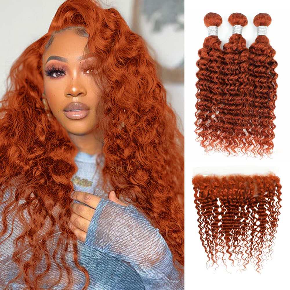 Amazon.com : AUROO Deep Wave Ginger Human Hair Bundles With Frontal ...